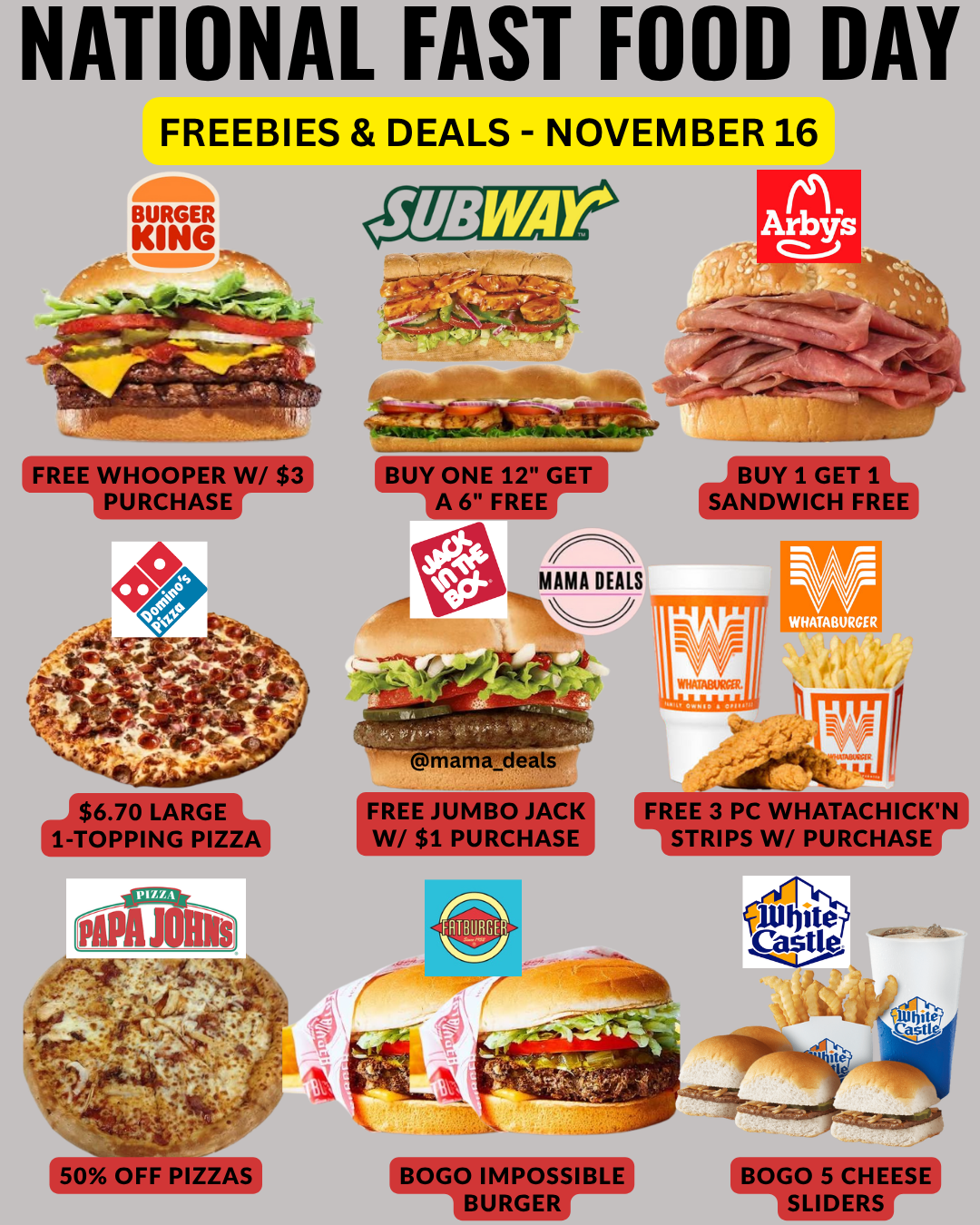 National Fast Food Day — Sunday, November 16 2025 - Mama Deals