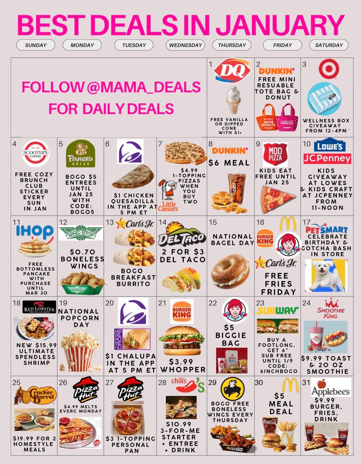 Best Deals in January: Daily Food, Retail & Freebie Calendar - Mama Deals