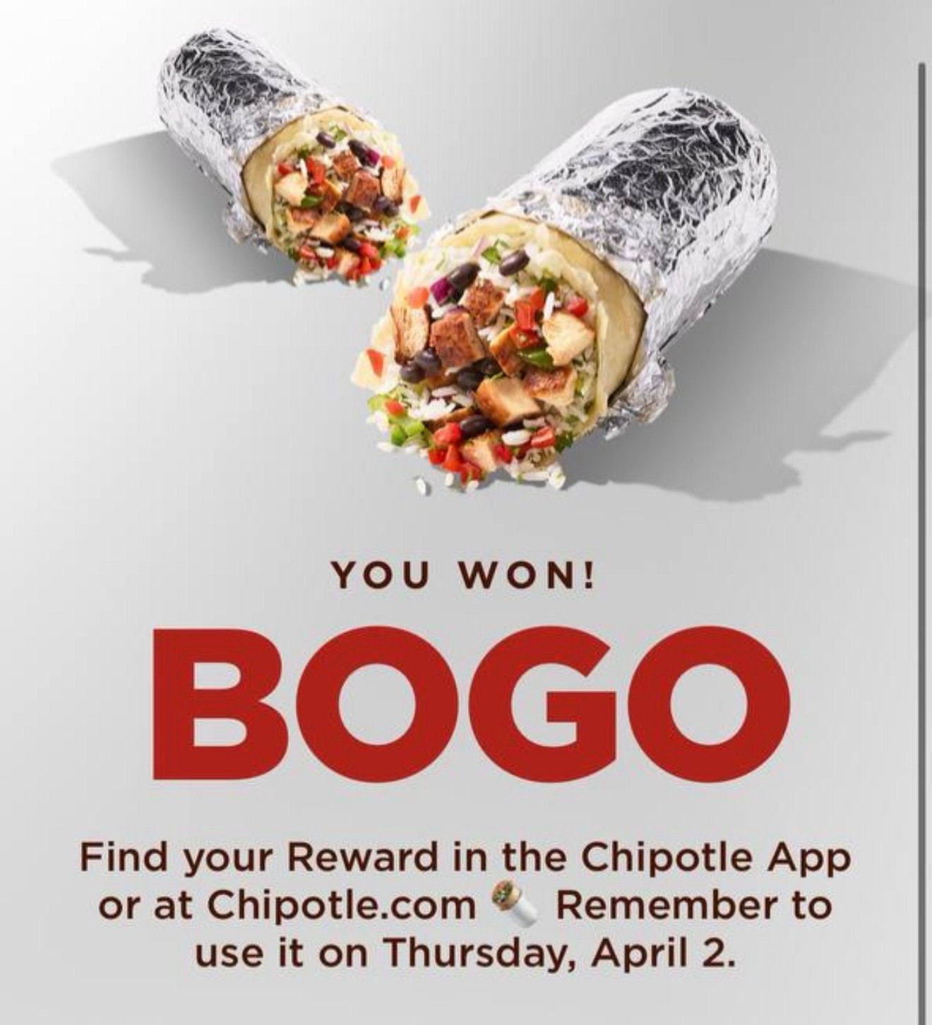 Chipotle is giving away BOGO FREE codes every hour now through April 2 ...