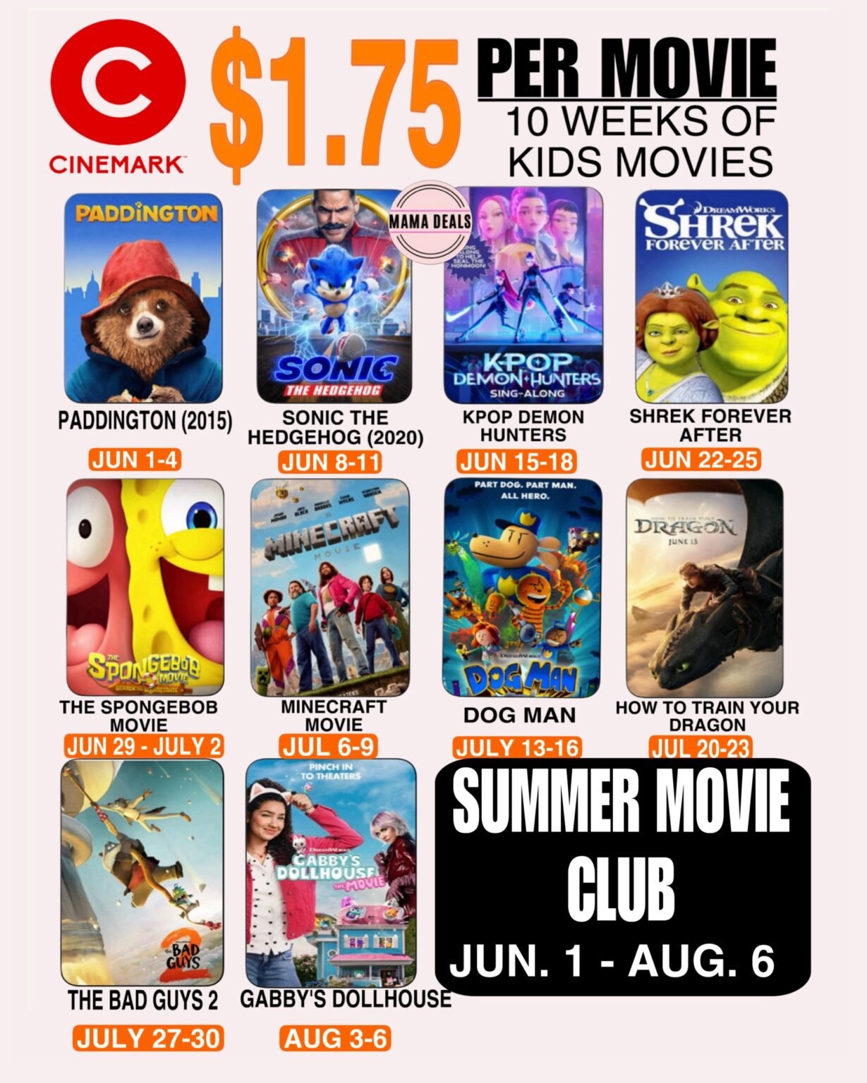 Cinemark Summer Movie Club 2026: $1.75 Kids Movies All Summer Long ...
