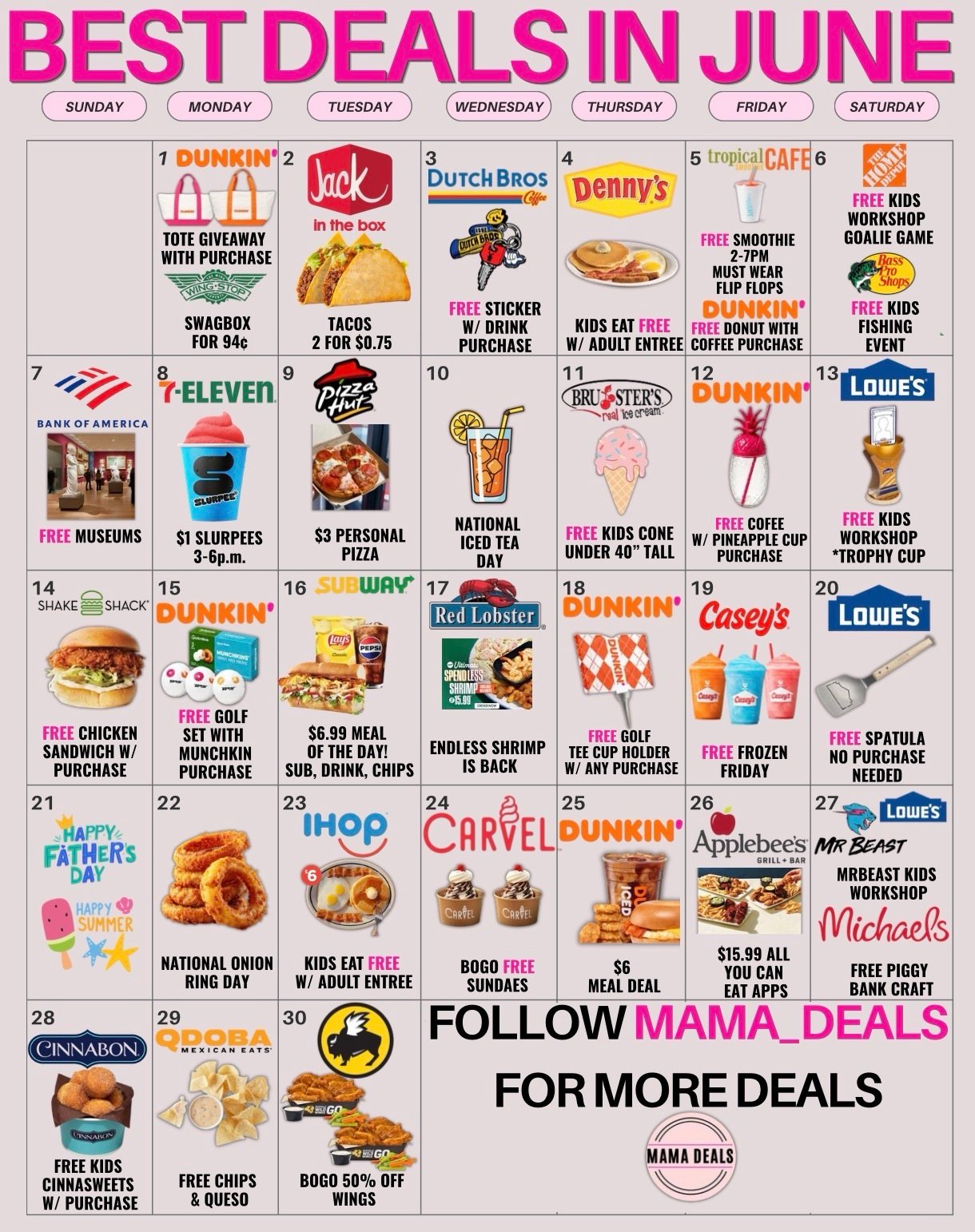 June 2026 Best Deals, Freebies & Eat Cheap Calendar - Mama Deals